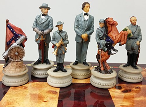 US American Civil War Generals Chess Set W/ 17" High Gloss Cherry & Burlwood Color Storage Board