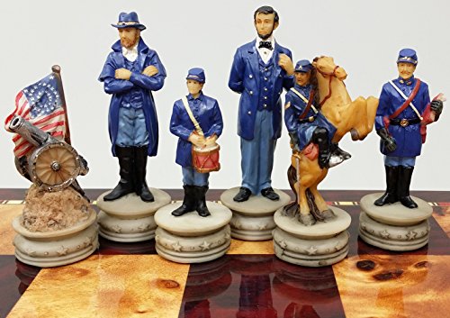 US American Civil War Generals Chess Set W/ 17" High Gloss Cherry & Burlwood Color Storage Board