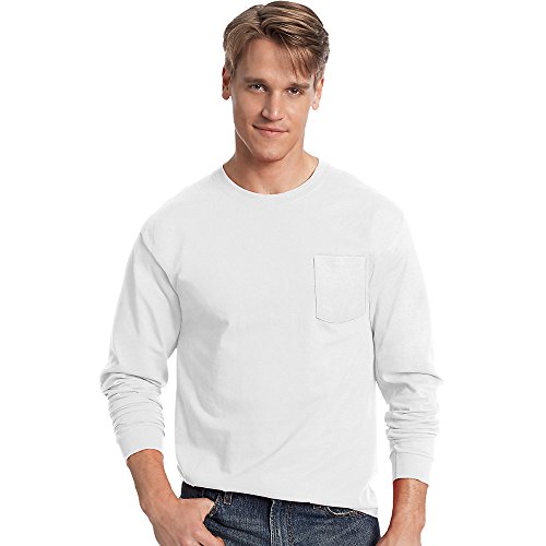 Hanes Tagless Men`s Long-Sleeve T-Shirt with Pocket White