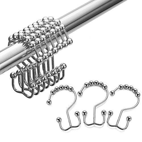 Amazer Shower Curtain Hooks Rings, Rust-Resistant Stainless Steel Double Shower Curtain Hooks, Shower Hooks for Shower Curtain and Liner Bathroom, Set of 12, Chrome