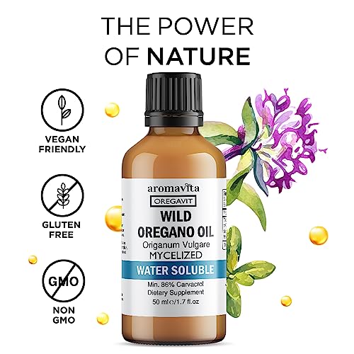 AROMAVITA Oregavit Water Soluble Wild Oregano Oil–Digestive, Immune Support, Respiratory Health, Natural Vegan Dietary Supplement–Mouthwash, for Healthy Gums-Soothe Sore Throats and Boost Immunity