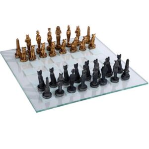 pacific giftware ancient egyptian god kingdom civil war chess set with glass board 17" x 17" -33pcs [gold & black] [obelisk, anubis, bastet, king tut, nefertiti, osiris]