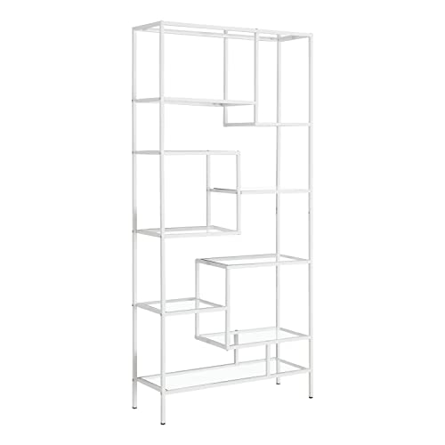 Monarch Specialties 7159 Bookshelf, Bookcase, Etagere, Office, Bedroom, Metal, Tempered, Contemporary, Modern Bookcase-72, 32" L x 12" W x 72" H, White/Clear Glass