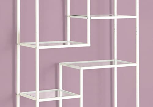 Monarch Specialties 7159 Bookshelf, Bookcase, Etagere, Office, Bedroom, Metal, Tempered, Contemporary, Modern Bookcase-72, 32" L x 12" W x 72" H, White/Clear Glass