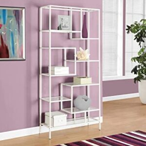 Monarch Specialties 7159 Bookshelf, Bookcase, Etagere, Office, Bedroom, Metal, Tempered, Contemporary, Modern Bookcase-72, 32" L x 12" W x 72" H, White/Clear Glass