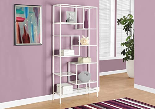 Monarch Specialties 7159 Bookshelf, Bookcase, Etagere, Office, Bedroom, Metal, Tempered, Contemporary, Modern Bookcase-72, 32" L x 12" W x 72" H, White/Clear Glass