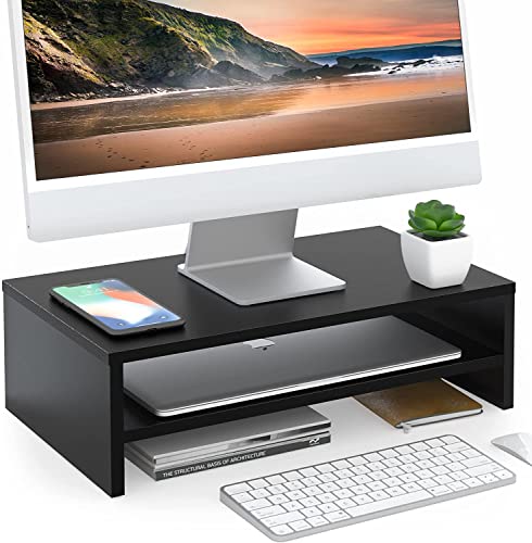 FITUEYES Monitor Stand - 2 Tier Computer Monitor Riser with 16.7 Inch Shelf, Wood Desktop Stand for Laptop Computer Screen, Desk Organization, Office Supplies,Black, DT204201WB