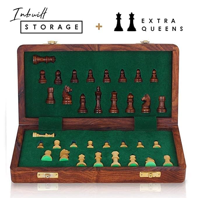 BCBESTCHESS Set, Premium Quality, Handcrafted Rosewood Unique Chess Board Set, Foldable Secure Storage for Magnetic Pieces with Extra Queens, Chess Set for Kids and Adults, Brown(12x12 Inches)