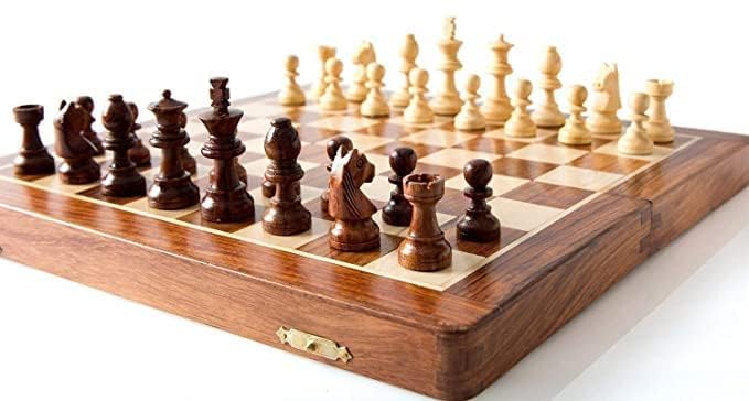 BCBESTCHESS Set, Premium Quality, Handcrafted Rosewood Unique Chess Board Set, Foldable Secure Storage for Magnetic Pieces with Extra Queens, Chess Set for Kids and Adults, Brown(12x12 Inches)