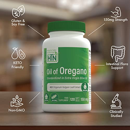 Health Thru Nutrition Oil of Oregano 120 Mini-Softgels | Wild Harvested | European 40:1 Origanum Vulgare Equivalent to 600mg Oregano in Extra Virgin Olive Oil | Non-GMO Gluten Free (Pack of 120)