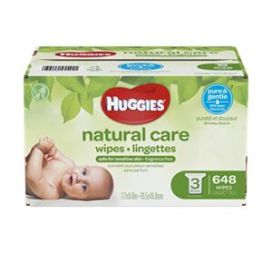 huggies natural care baby wipes, sensitive, unscented, 3 refill packs, 648 count total