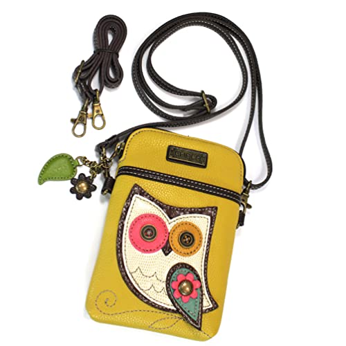 CHALA Crossbody Cell Phone Purse - Women PU Leather Multicolor Handbag with Adjustable Strap - Owl - Mustard Yellow