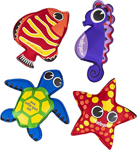 Sunflex Splash Puppies - Floating Neoprene Water Toy Set of Four That Includes 1 Starfish, 1 Turtle, 1 Fish, and 1 Seahorse - Waterproof and UV Resistant Pool Toy