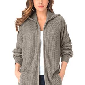 Roaman's Women's Plus Size Classic-Length Thermal Waffle Hoodie Zip Up Sweater - 3X, Medium Heather Grey Gray