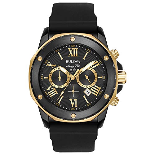 Bulova Men's Marine Star Series A Black and Rose Gold Ion-Plated Stainless Steel 6-Hand Chronograph Quartz Watch, Black Silicone Strap Style: 98B278