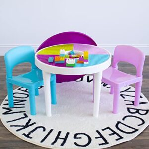 humble crew, white/blue/pink kids 2-in-1 plastic building blocks-compatible activity table and 2 chairs set, light colors