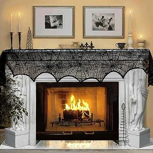 AerWo Halloween Decorations Black Lace Spiderweb Fireplace Mantle Scarf Cover for Halloween Mantle Decor Festive Party Supplies,18 x 98 inch 45 X 243cm 18 x 96 inch