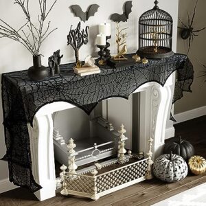 AerWo Halloween Decorations Black Lace Spiderweb Fireplace Mantle Scarf Cover for Halloween Mantle Decor Festive Party Supplies,18 x 98 inch 45 X 243cm 18 x 96 inch