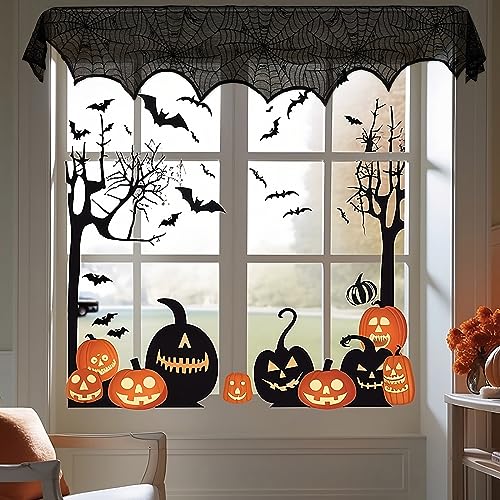 AerWo Halloween Decorations Black Lace Spiderweb Fireplace Mantle Scarf Cover for Halloween Mantle Decor Festive Party Supplies,18 x 98 inch 45 X 243cm 18 x 96 inch