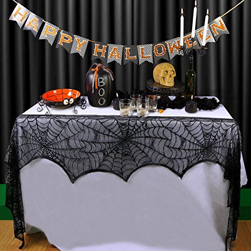 AerWo Halloween Decorations Black Lace Spiderweb Fireplace Mantle Scarf Cover for Halloween Mantle Decor Festive Party Supplies,18 x 98 inch 45 X 243cm 18 x 96 inch