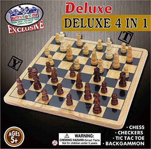 Matty's Toy Stop Deluxe 4-in-1 Reversible Chess, Checkers, Tic Tac Toe & Backgammon Wooden Board Game Set