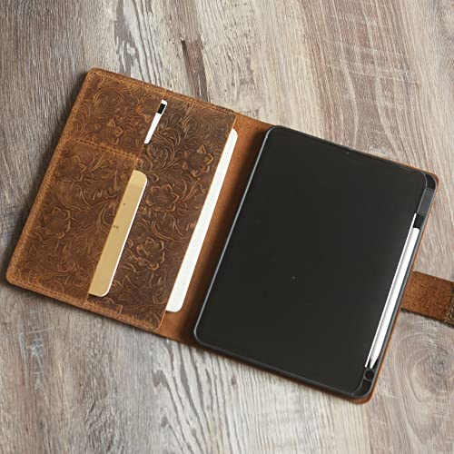 Floral Tooled Leather 2022 ipad pro 12.9 case, Leather ipad 10th gen case covers, Leather iPad mini 6 case, Brown 606