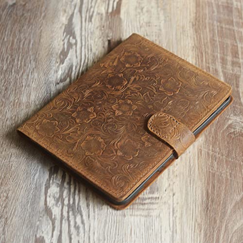 Floral Tooled Leather 2022 ipad pro 12.9 case, Leather ipad 10th gen case covers, Leather iPad mini 6 case, Brown 606