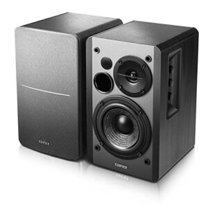 edifier r1280db powered bluetooth bookshelf speakers - optical input - wireless studio monitors - 4 inch near field speaker - 42w rms - wood grain (black)