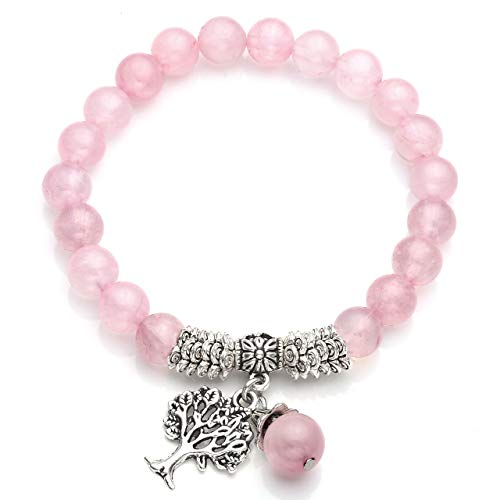 Top Plaza Stretch Rose Quartz Tree of Life Lucky Stone Bracelet Reiki Healing Crystal Gemstone Dangle Charms Pendant Birthstone Bracelet(6.2") Mothers Day Mom Gifts Bracelets