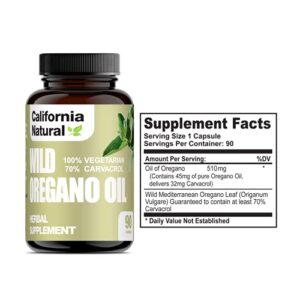 Wild Oregano Oil Vegetarian Soft Capsules - California Natural - Immune System & Digestive Support - Promote Gut Health & Healthy Digestion - 100% Vegetarian - 70% Carvacrol - Herbal 90 count