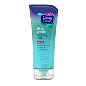 clean & clear oil-free deep action exfoliating facial scrub, cooling daily face wash with exfoliating beads for smooth skin, cleanses deep down to the pores to remove dirt, oil & makeup, 7 oz