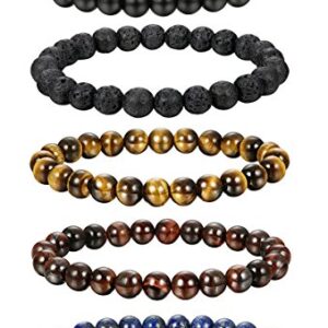 FIBO STEEL 5 Pcs 8MM Natural Healing Stone Bracelets for Men Women Beaded Bracelets Elastic,5A