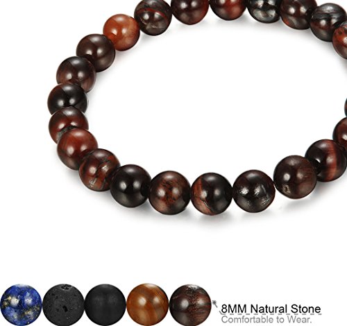 FIBO STEEL 5 Pcs 8MM Natural Healing Stone Bracelets for Men Women Beaded Bracelets Elastic,5A