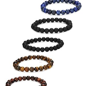 FIBO STEEL 5 Pcs 8MM Natural Healing Stone Bracelets for Men Women Beaded Bracelets Elastic,5A