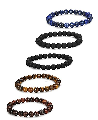 FIBO STEEL 5 Pcs 8MM Natural Healing Stone Bracelets for Men Women Beaded Bracelets Elastic,5A