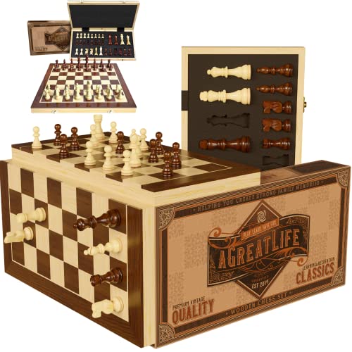 𝗡𝗘𝗪 𝗩𝗘𝗥𝗦𝗜𝗢𝗡 15" Magnetic Chess Board Set - Wooden Chess Board for Kids and Adults - Universal, Competition Ready - Hand Carved Travel Game Chess Pieces - Felted Board Storage, Vintage Chess