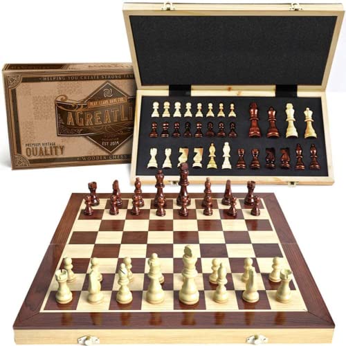 𝗡𝗘𝗪 𝗩𝗘𝗥𝗦𝗜𝗢𝗡 15" Magnetic Chess Board Set - Wooden Chess Board for Kids and Adults - Universal, Competition Ready - Hand Carved Travel Game Chess Pieces - Felted Board Storage, Vintage Chess