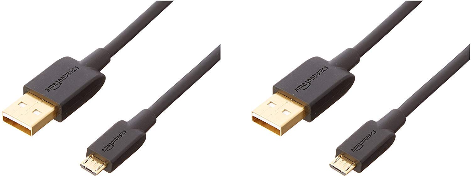 Amazon Basics 2-Pack USB-A to Micro USB Fast Charging Cable, 480Mbps Transfer Speed with Gold-Plated Plugs, USB 2.0, 6 Foot, Black