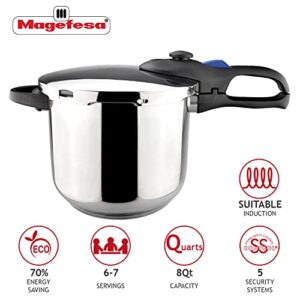 Magefesa® Favorit Super-Fast and Easy To Use pressure cooker, 8 Quart, 18/10 stainless steel, suitable for all types of cooktops, including induction, excellent heat distribution