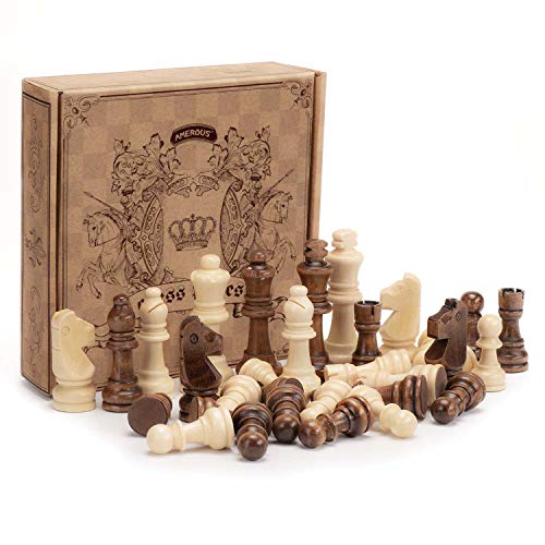 AMEROUS Wooden Chess Pieces Only, Staunton Style Wood Chessmen with 3.15" King - Storage Bag - Gift Packed Box, Tournament Chess Game Pawns for Replacement of Missing Pieces