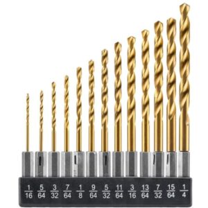 drill bit set titanium coated quick change hex shank drill bit set for wood soft metal plastic improved design 1/16” to 1/4” holder included twist drill bit set high speed steel