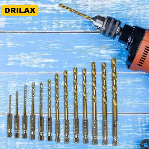 Drill Bit Set Titanium Coated Quick Change HEX Shank Drill Bit Set for Wood Soft Metal Plastic Improved Design 1/16” to 1/4” Holder Included Twist Drill Bit Set High Speed Steel