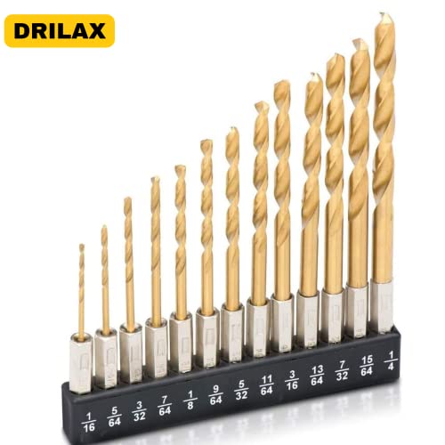 Drill Bit Set Titanium Coated Quick Change HEX Shank Drill Bit Set for Wood Soft Metal Plastic Improved Design 1/16” to 1/4” Holder Included Twist Drill Bit Set High Speed Steel