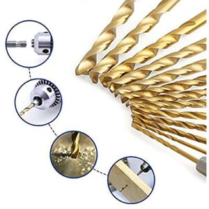 Drill Bit Set Titanium Coated Quick Change HEX Shank Drill Bit Set for Wood Soft Metal Plastic Improved Design 1/16” to 1/4” Holder Included Twist Drill Bit Set High Speed Steel