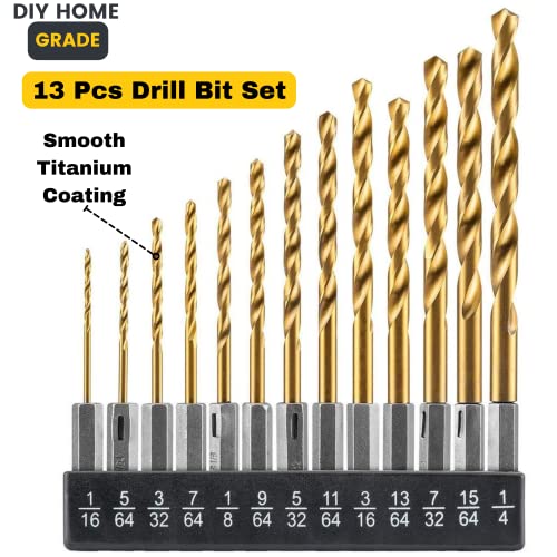 Drill Bit Set Titanium Coated Quick Change HEX Shank Drill Bit Set for Wood Soft Metal Plastic Improved Design 1/16” to 1/4” Holder Included Twist Drill Bit Set High Speed Steel