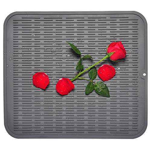 KindGa Silicone Drying Mats for Kitchen Counter, Large Grey Dish Drying Mat – Heat Resistant Counter Mat, 18” x 16” Easy to Clean Rubber Kitchen Drying Mat