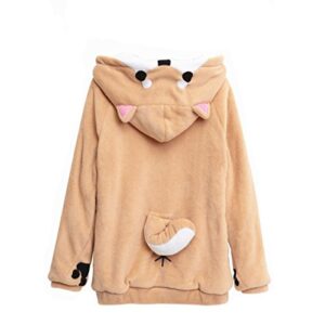 coriresha cute coral velvet long sleeve shiba inu dog embroidery home wear hoodie for women white