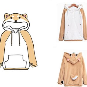 CORIRESHA Cute Coral Velvet Long Sleeve Shiba Inu Dog Embroidery Home Wear Hoodie for Women White