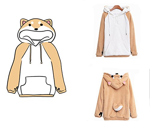 CORIRESHA Cute Coral Velvet Long Sleeve Shiba Inu Dog Embroidery Home Wear Hoodie for Women White