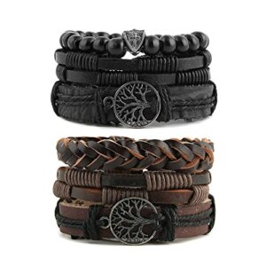 hzman genuine leather tree of life bracelets men women, tiger eye natural stone lava rock beads ethnic tribal elastic bracelets wristbands (2pcs)